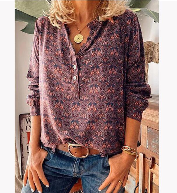 Eropa dan Amerika Musim Semi Baru Kemeja Retro Printing Stand-Up Kerah ...