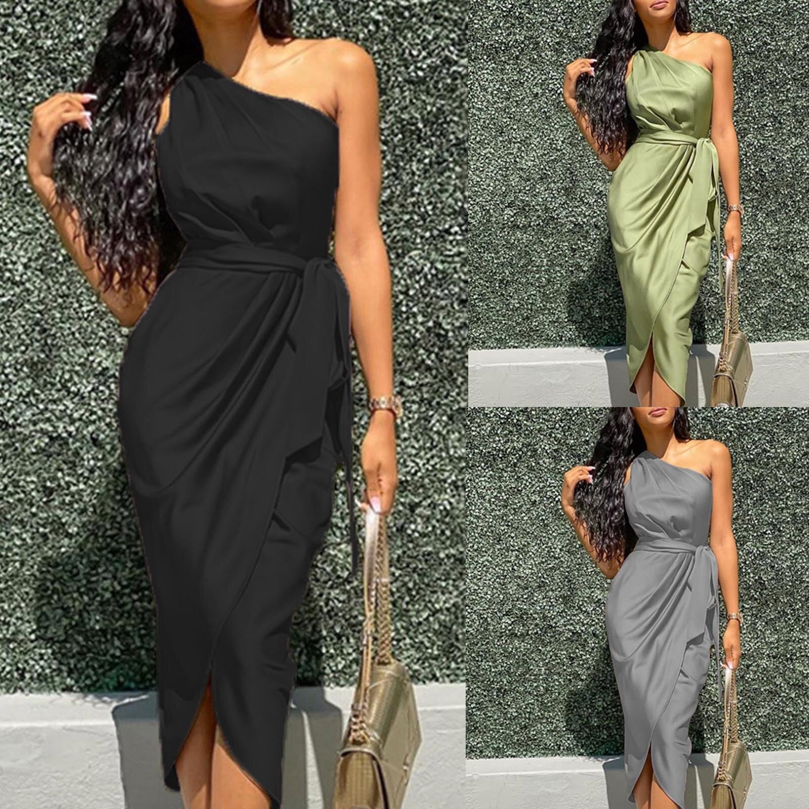 Ladies Maxi Dress Sexy Solid Color Irregular Slanted Shoulder Belt Sli