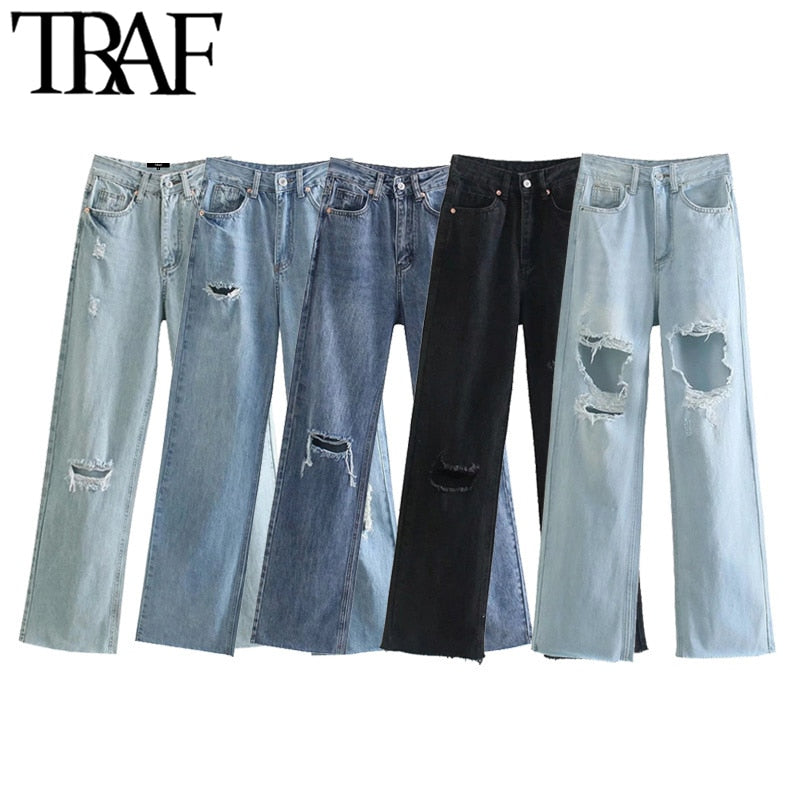 TRAF Women Chic Ribbed Hole Tassel Denim Wide Leg Jeans Vintage High W ...