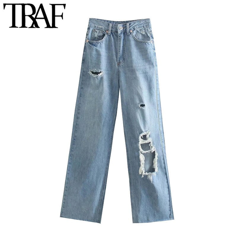 TRAF Women Chic Ribbed Hole Tassel Denim Wide Leg Jeans Vintage High W ...