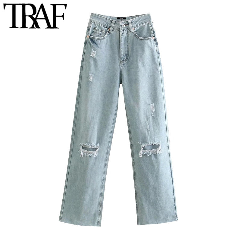 TRAF Women Chic Ribbed Hole Tassel Denim Wide Leg Jeans Vintage High W ...