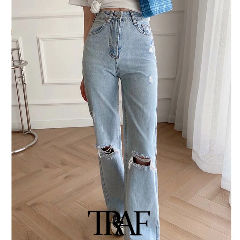 TRAF Women Chic Ribbed Hole Tassel Denim Wide Leg Jeans Vintage High W ...
