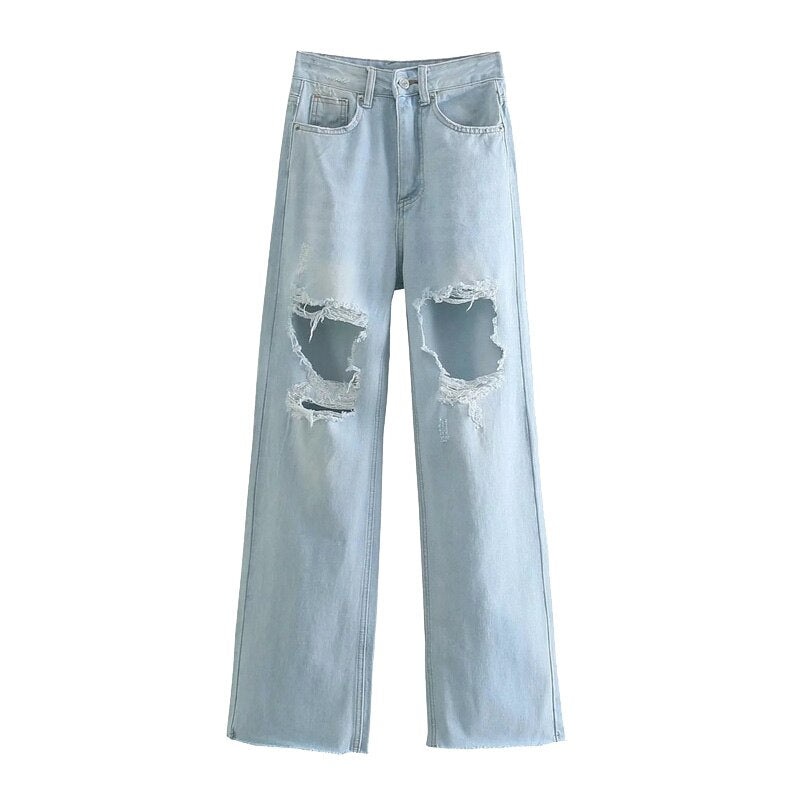 TRAF Women Chic Ribbed Hole Tassel Denim Wide Leg Jeans Vintage High W ...