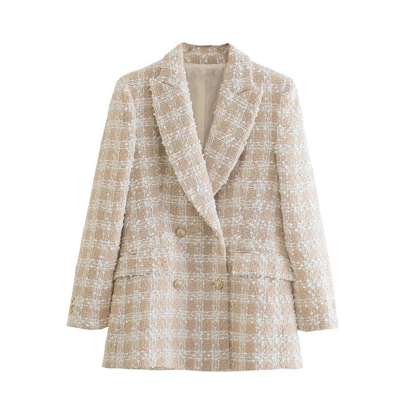 TRAF ZA 2023 Jacket Women Texture Double Breasted Check Notched Blazer | GraceQueens - Fashion ...
