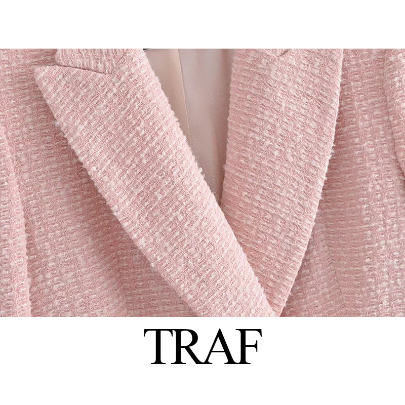 TRAF ZA Women's Jacket 2023 Pink Textured Double Breasted Notched Blaz ...