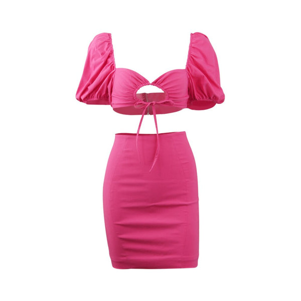 Women's Puff Sleeve Open Chest Bare Navel Top Dress Set Summer Style S ...