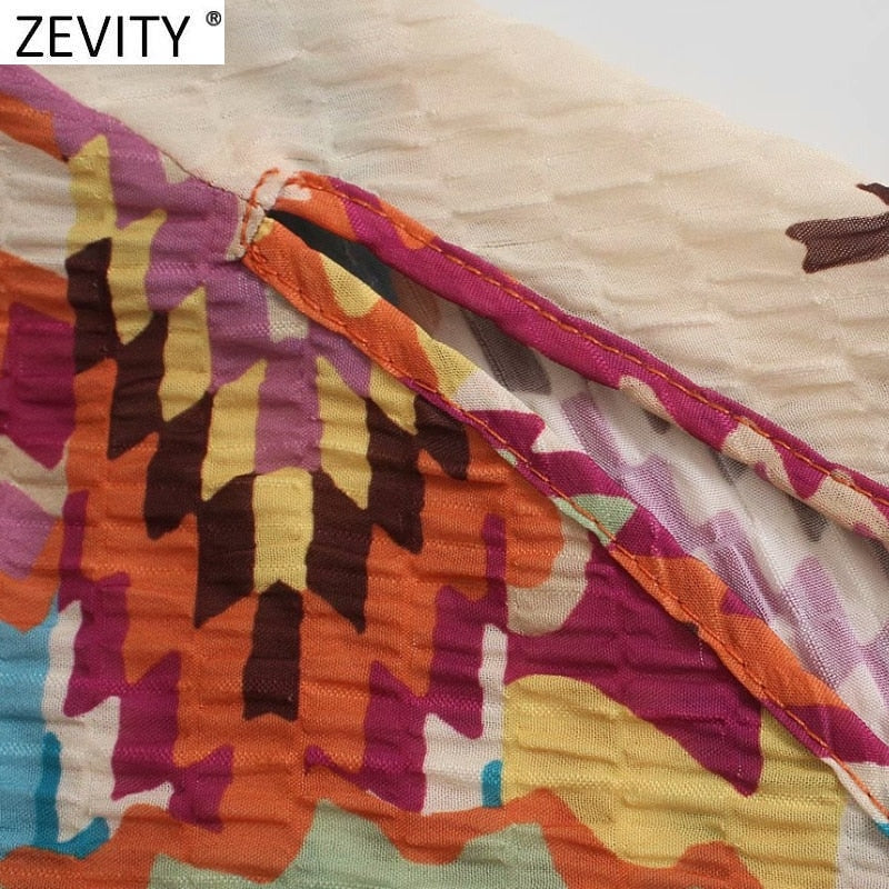 ZEVITY 2022 Women Vintage V Neck Contrast Color Greometric Print Side ...